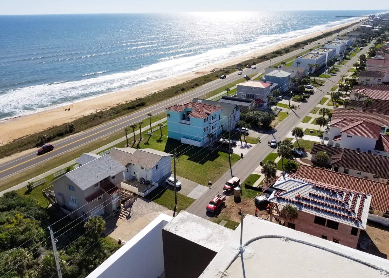 An aerial shot of the oceanfront town of Flagler Beach