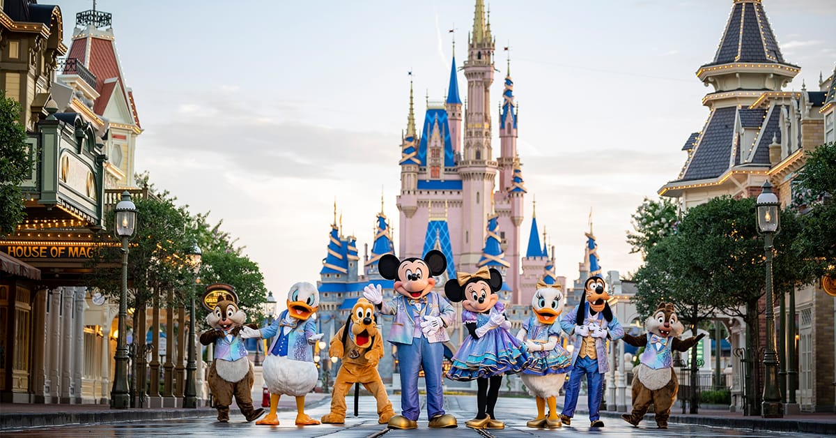 A shot of the colorful Disney characters and Cinderella Castle.