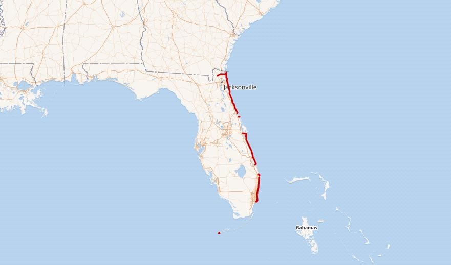 Map of the Florida State Road A1A