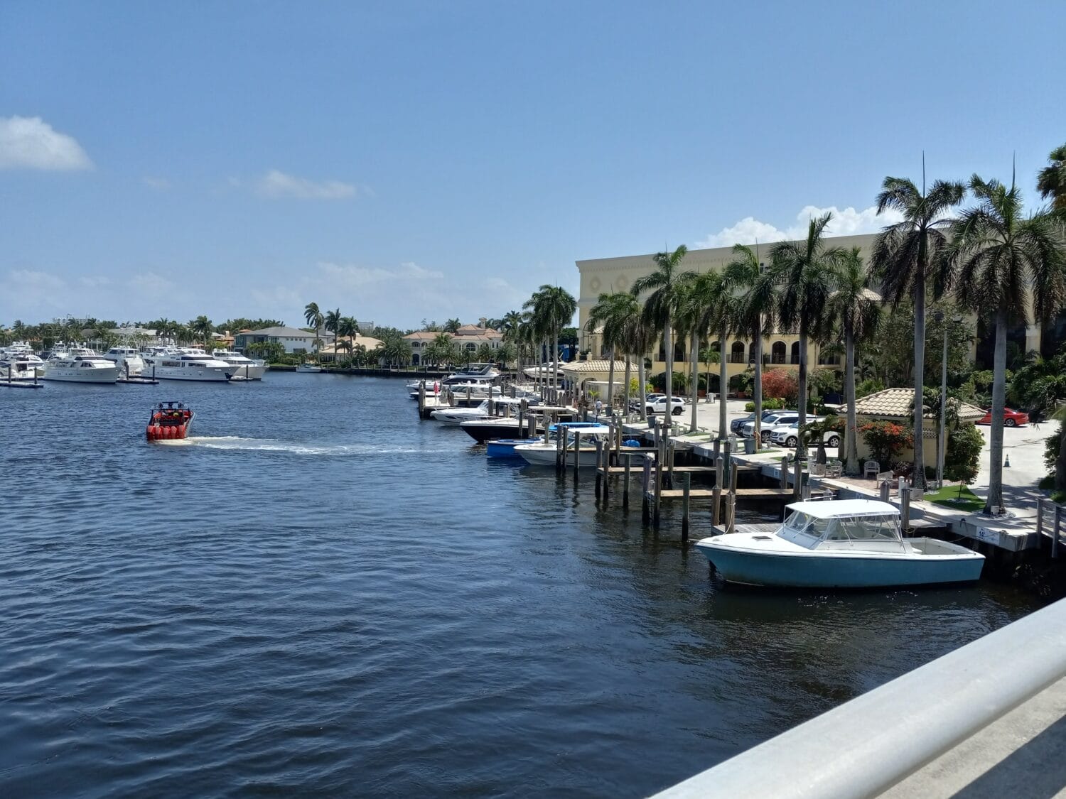 A view of the sailboats nestled in a marina.