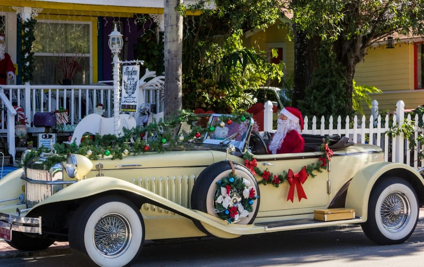 santa claus driving around the town 