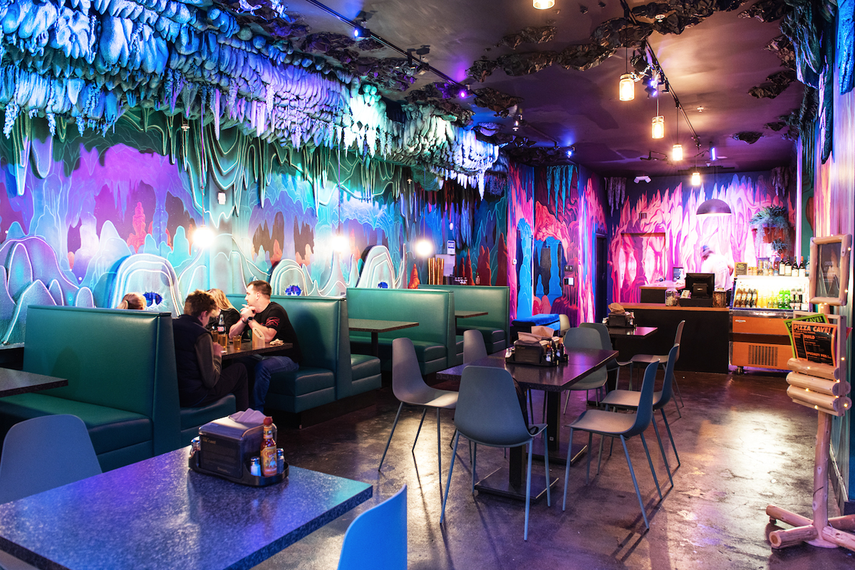 The inside of the Cave Pizza.