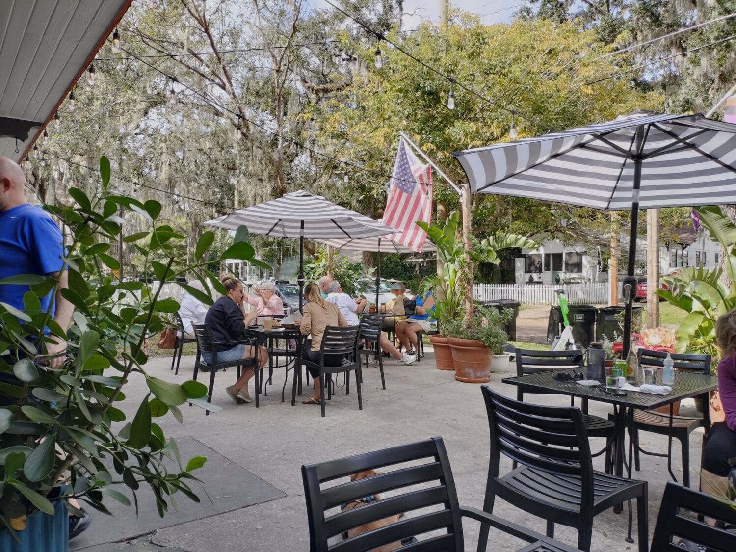 The outdoor dining area with people enjoying their food.