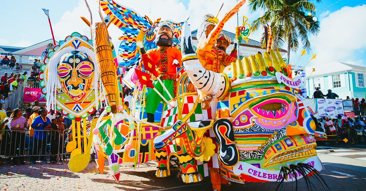 The vibrant and colorful Junkanoo parade.