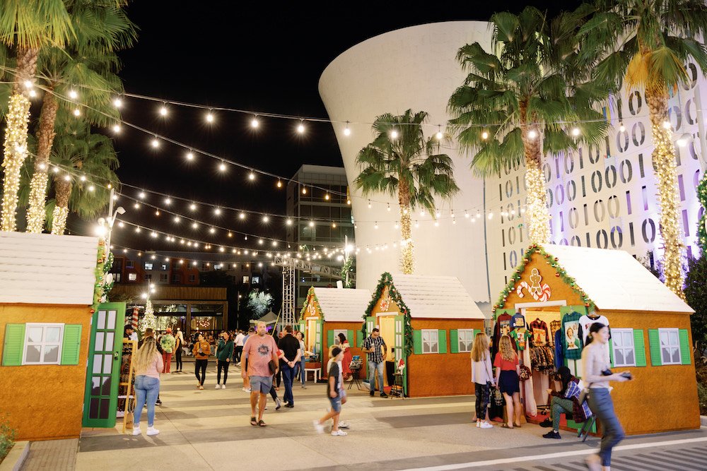 The streets filled with holiday decorations and dazzling lights