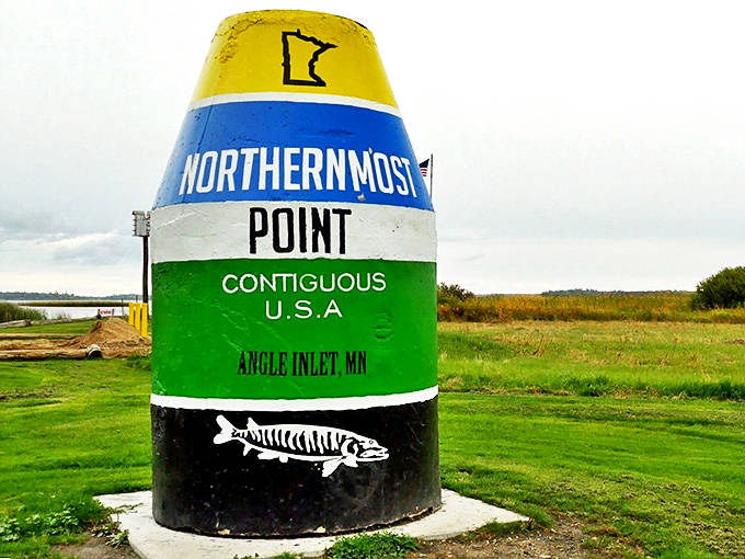The iconic Northernmost Point monument stands proudly in Angle Inlet, a colorful beacon marking America's geographic oddity.