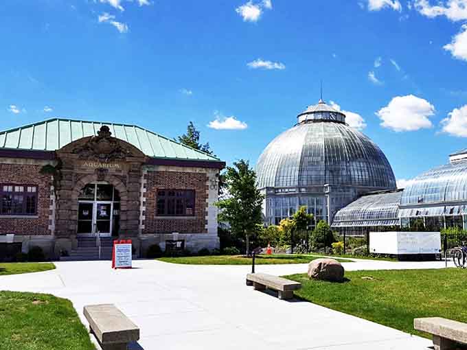 The historic Belle Isle Aquarium entrance stands proudly under Michigan's blue sky, its 1904 architecture inviting curious minds to explore underwater wonders.