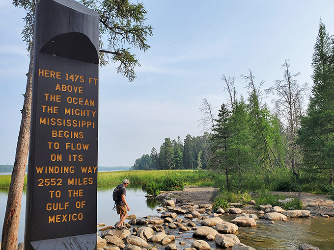 The iconic headwaters marker stands sentinel where the mighty Mississippi begins its 2,552-mile journey to the Gulf of Mexico.