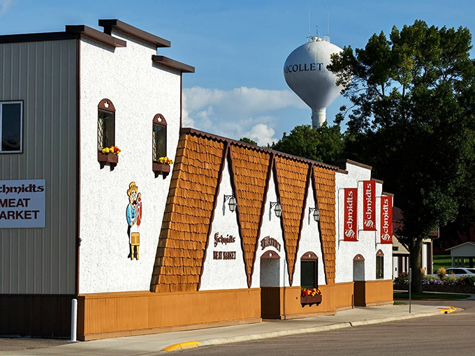 The distinctive A-frame architecture of Schmidt's Meat Market stands proudly under Nicollet's water tower, a beacon for meat enthusiasts everywhere.