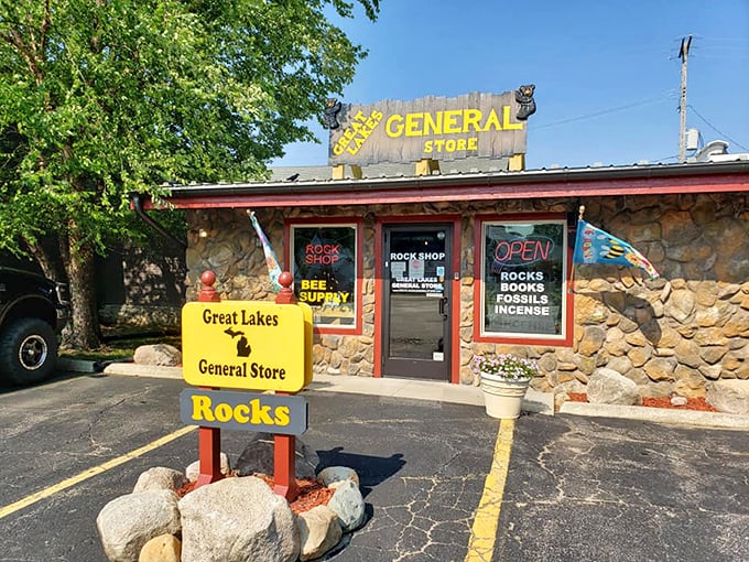 The stone-faced exterior of Rockhound Rock Shop boldly announces its rocky treasures with a no-nonsense yellow sign that practically screams "geology happens here!"