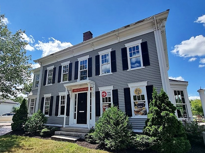 Colonial charm meets fast food icon: The stately gray mansion with black shutters houses Freeport's uniquely elegant McDonald's restaurant.