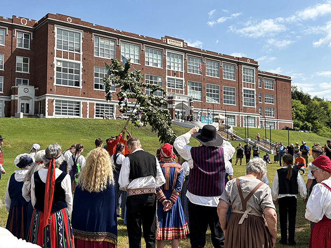 Hancock's historic red-brick schoolhouse stands as a testament to Finnish-American heritage, where cultural traditions are still celebrated with colorful folk dances and festivities.