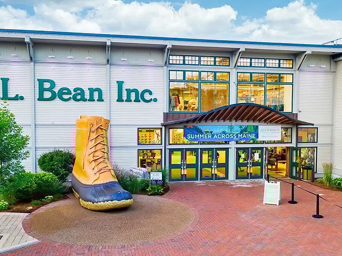The iconic L.L. Bean boot stands guard outside the flagship store, welcoming outdoor enthusiasts and curious shoppers alike to this 24-hour retail wonderland.