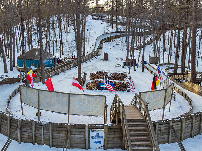 The winter wonderland of Muskegon Luge Adventure Sports Park, where international flags flutter above one of only four luge tracks in America.