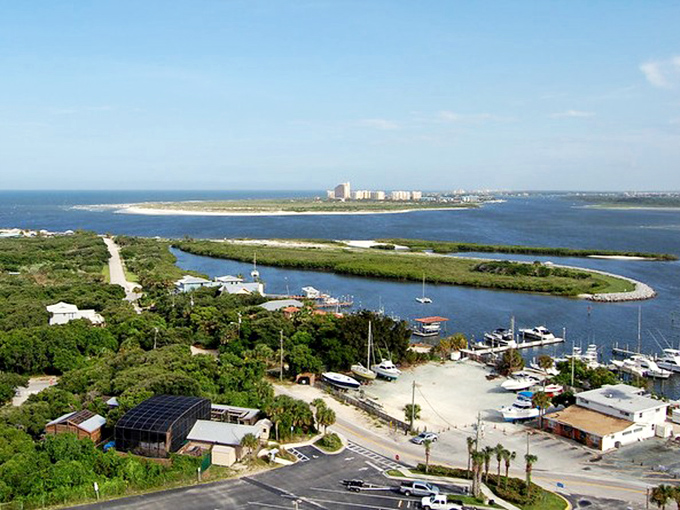 Aerial view of New Smyrna Beach where the Atlantic meets the Intracoastal Waterway &ndash; nature's perfect sandwich of blue waters.