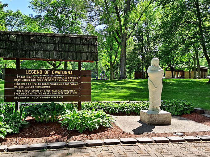 Owatonna's legendary mineral springs park, where a statue honors Princess Owatonna and her mirac history you can actually touch!