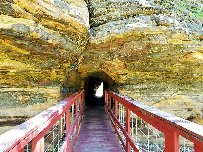 A natural stone archway beckons visitors into another world at Pier County Park, where geology becomes poetry in sandstone.