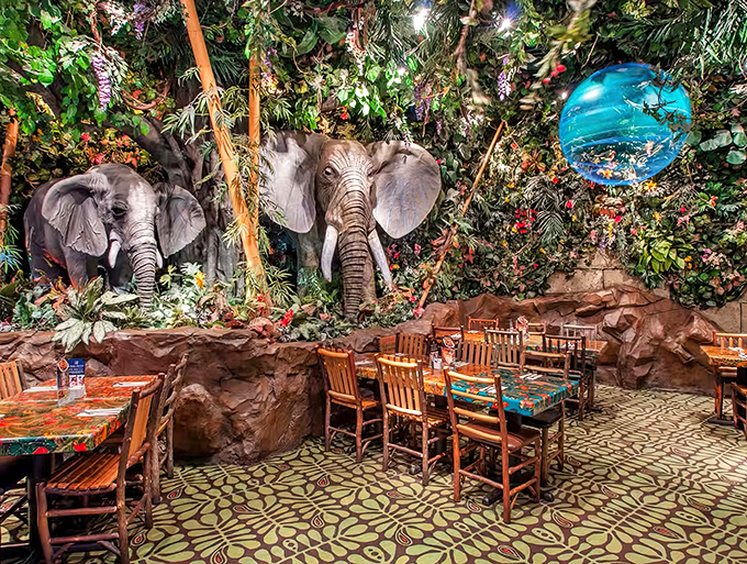 Welcome to the jungle! The Rainforest Cafe entrance promises wild adventures ahead for hungry explorers of all ages.