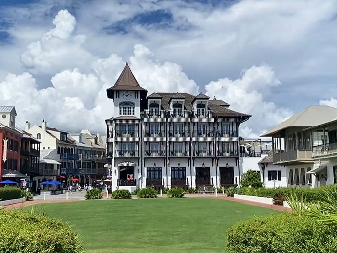 Architectural elegance meets coastal charm at Rosemary Beach's iconic buildings, where every balcony tells a story.