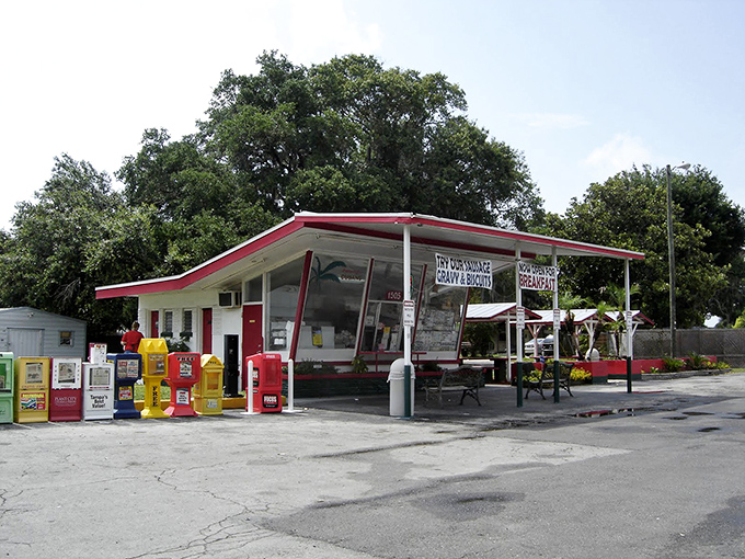 Strawberry Hut's iconic red-trimmed roof welcomes hungry travelers like a beacon of sandwich salvation in Plant City's strawberry country.