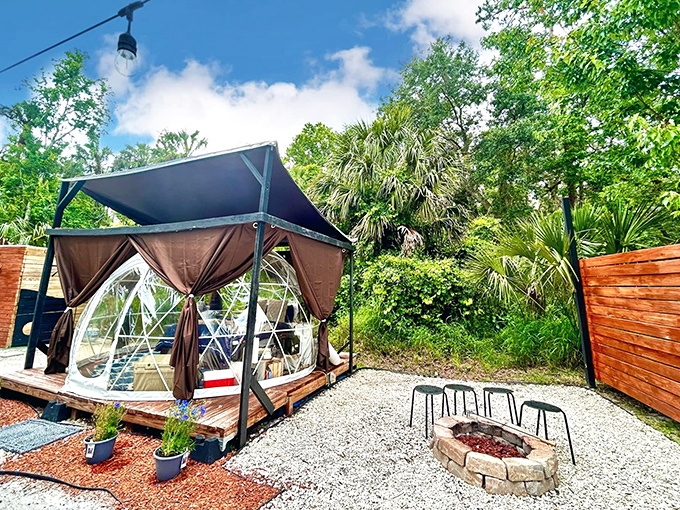 A transparent dome sanctuary where the Florida sky becomes your ceiling and worries dissolve faster than morning dew.