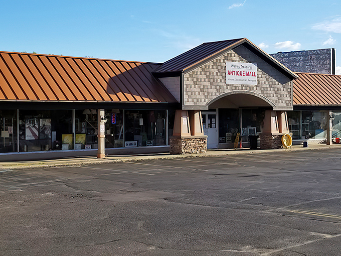 The unassuming exterior of Wally's Treasures Antique Mall belies the wonderland of nostalgia waiting inside. Treasure hunters, your destination awaits!