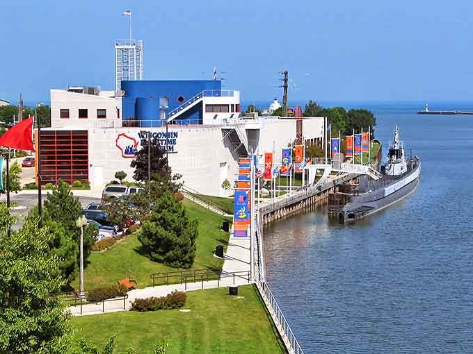 The Wisconsin Maritime Museum complex along the Manitowoc River looks like something out of a naval architect's dream, complete with a real submarine parked out front like the world's coolest lawn ornament.