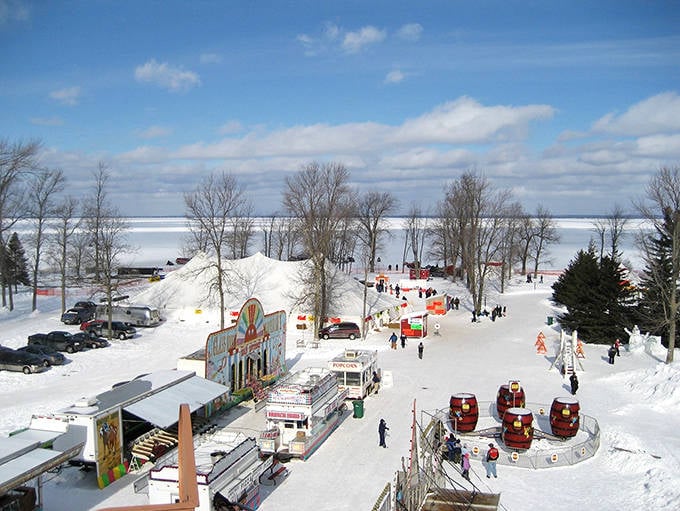 The winter wonderland of Muskegon Luge Adventure Sports Park, where international flags flutter above one of only four luge tracks in America.