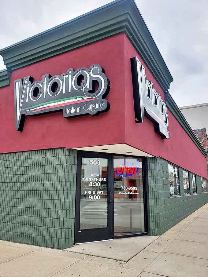 Victoria's Italian Cuisine: The bold red exterior with classic green trim stands like a beacon of culinary promise on College Avenue, inviting pasta lovers to step into a slice of Italy.