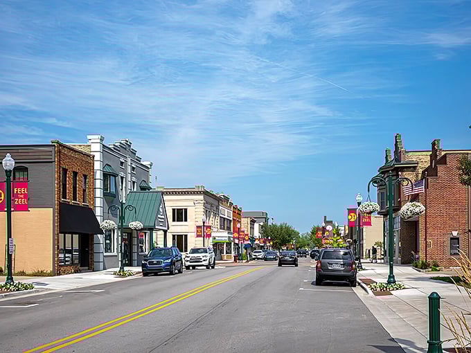Zeeland's Main Street stretches invitingly under Michigan's blue skies, where historic buildings house modern treasures waiting to be discovered.