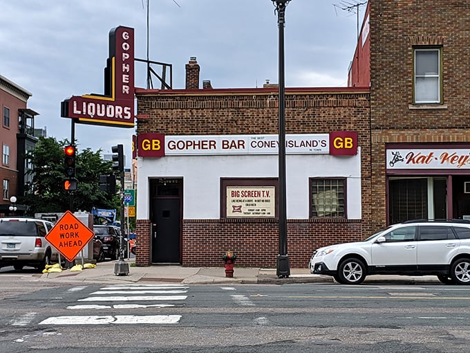 The iconic Gopher Bar exterior stands proudly on the corner, its vintage sign a beacon for comfort food seekers in downtown St. Paul.