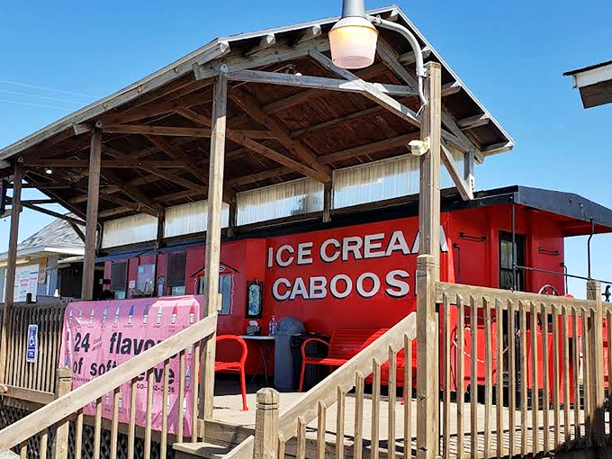 The bright red Ice Cream Caboose stands proudly in Alto, Michigan – where train history meets dessert paradise in a deliciously unexpected way.