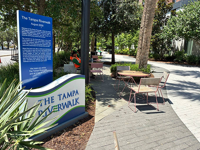The Riverwalk's welcoming signage promises adventures ahead &ndash; no admission required for this 2.6-mile urban treasure hunt.