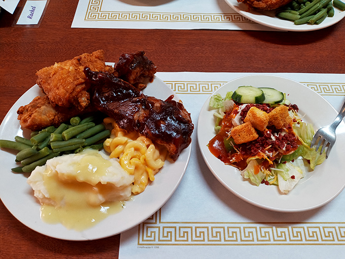 The weekend buffet's dynamic duo: broasted chicken and BBQ ribs that fall off the bone before your fork even makes contact.