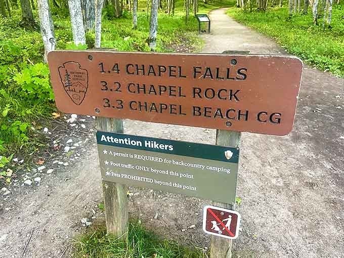 Trail markers point the way to natural wonders, like breadcrumbs leading to Michigan's most spectacular hidden treasures.