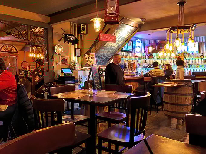 The warm glow of the bar creates the perfect backdrop for both serious conversations and spontaneous laughter among friends old and new.