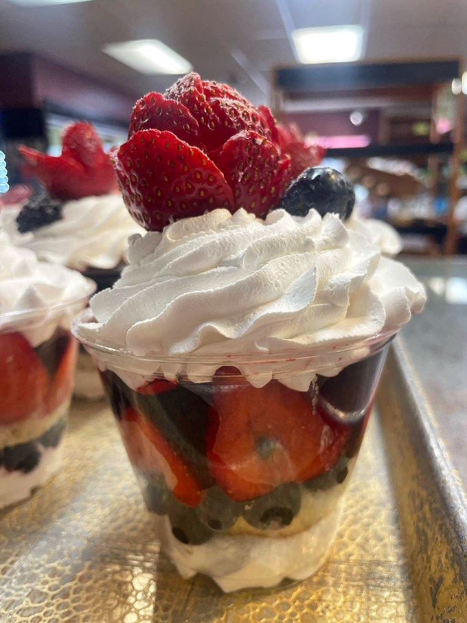 A fresh fruit parfait topped with berries and cream &ndash; the bakery's nod to "healthier" options that still satisfy.