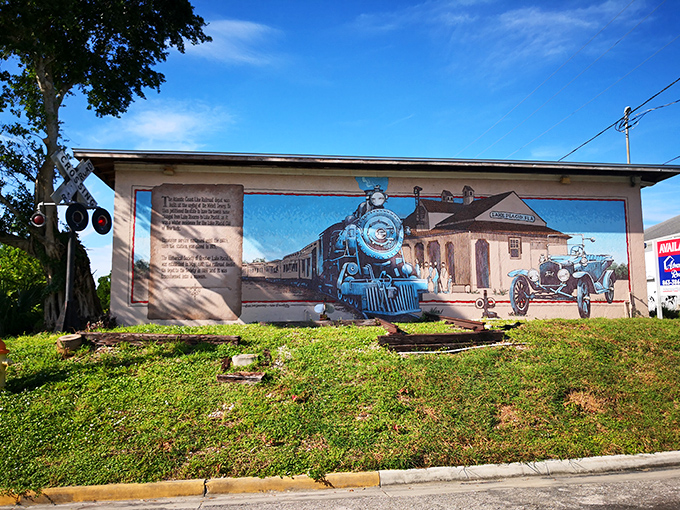 History whispers from the walls in this detailed train station mural &ndash; a window into Lake Placid's transportation heritage.