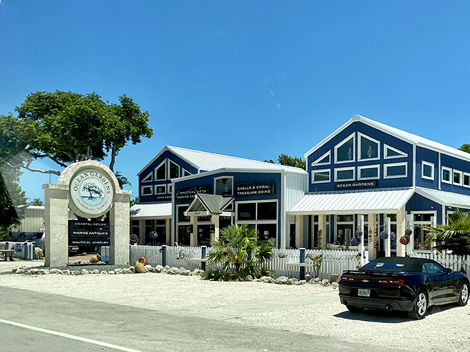 The blue and white charm of Ocean Gardens stands as a colorful invitation to explore Islamorada's unique local shops and galleries.