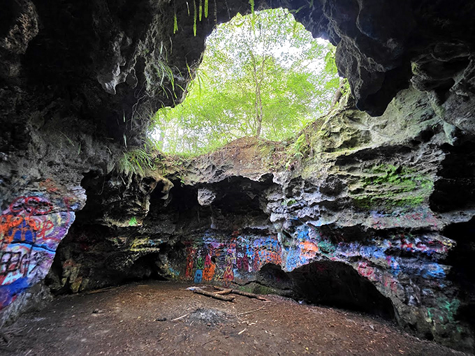 Skylight included! This cave's natural ceiling opening creates a perfect spotlight effect, illuminating the colorful canvas below.