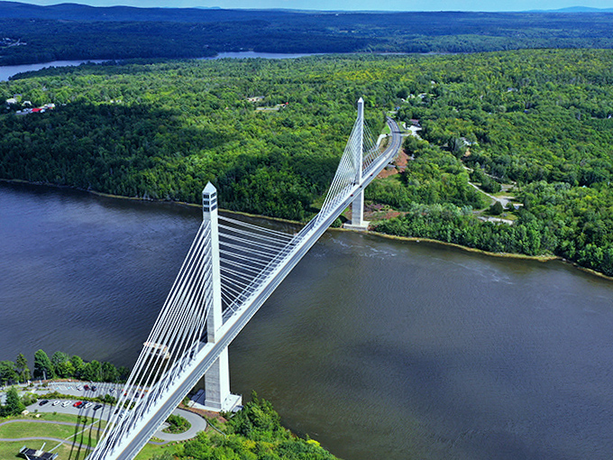 The majestic Penobscot Narrows Bridge &ndash; where engineering brilliance created a structure as beautiful as the landscape it spans.