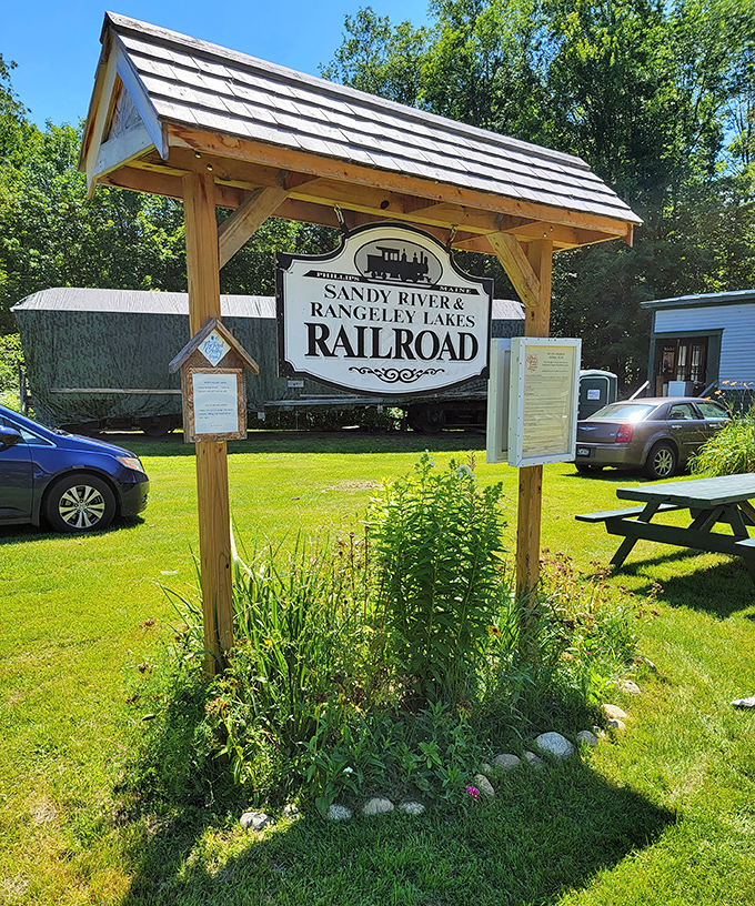 The welcoming sign stands as a portal to railroad history, inviting curious travelers to discover the unique narrow gauge experience awaiting just beyond.