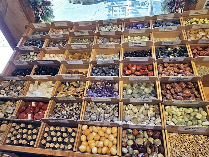 Wooden compartments organize a kaleidoscope of tumbled stones – nature's bounty polished to perfection and sorted by type.