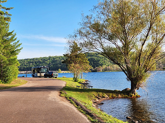 The waterfront path offers perfect views for RV travelers exploring Michigan's Upper Peninsula, with easy access to both nature and Finnish cultural attractions.