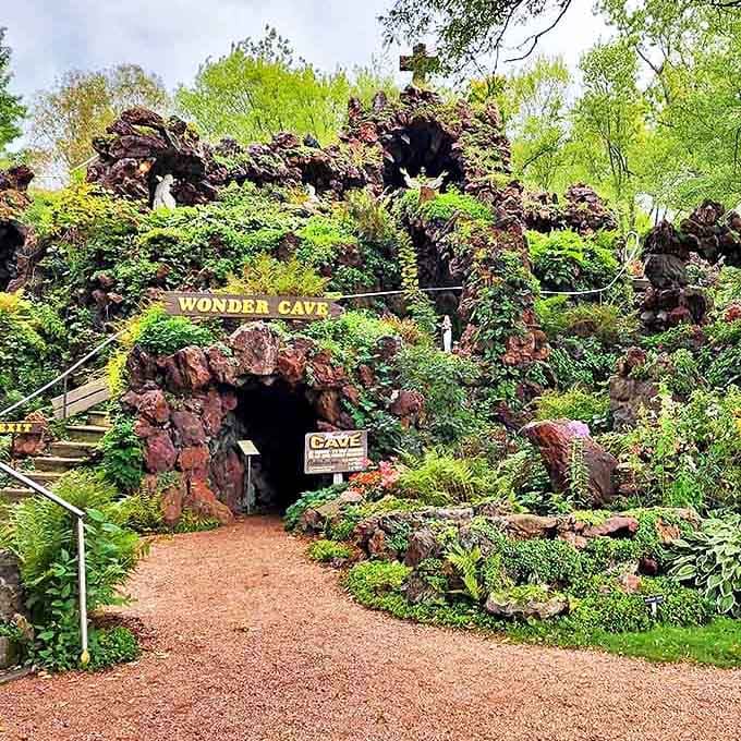 The Wonder Cave entrance beckons with mysterious promise, its stone archway marking the threshold between two worlds.