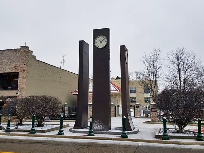 Zeeland's distinctive clock tower stands as both timekeeper and town landmark, its modern design complementing the historic downtown surroundings.