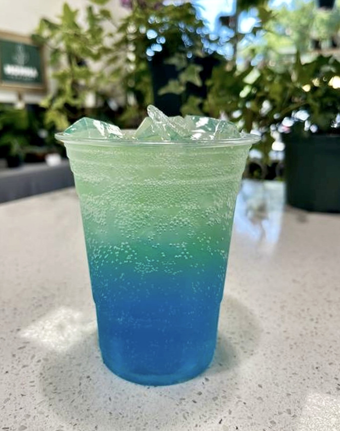 This gradient beverage transitions from blue to green like a drinkable sunset, proving that sometimes food should be as pretty as delicious.