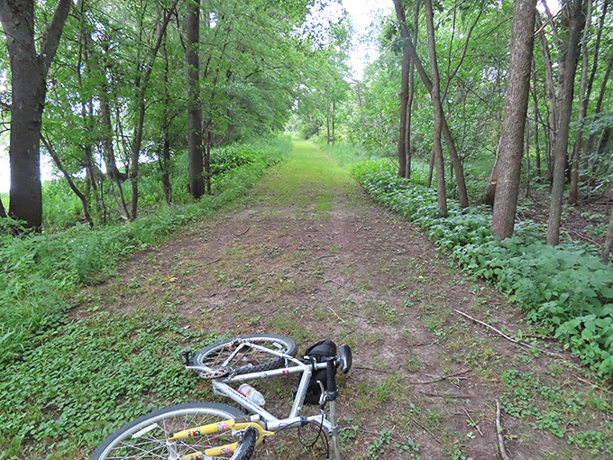 A lone bicycle rests against Minnesota's lush summer trail, the perfect pause in a journey through living history.