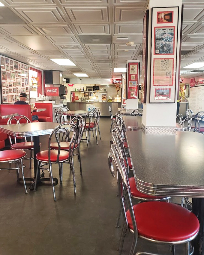 Classic diner seating that invites you to stay awhile&mdash;chrome and red vinyl never looked so good or promised such delicious rewards.