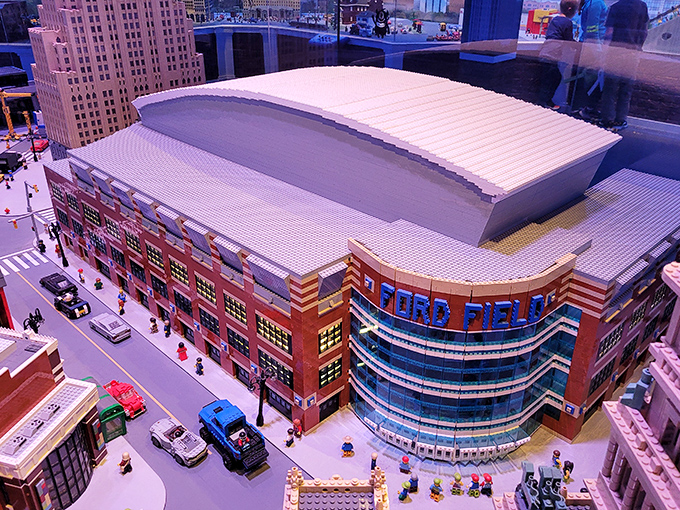 Ford Field's distinctive architecture captured in thousands of LEGO pieces &ndash; no ticket required for this permanent game day.